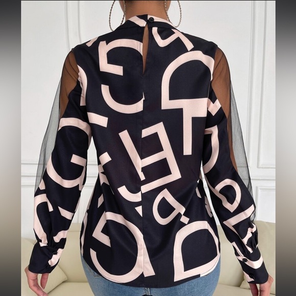 Tops | Classic Sheer Letters Alphabet Mesh Lace Long Sleeve Top Blouse ...